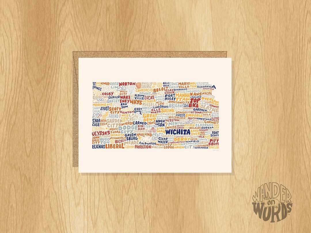 Hand-lettered Kansas Card, Kansas Design, Kansas Gift, Kansas Map Art ...
