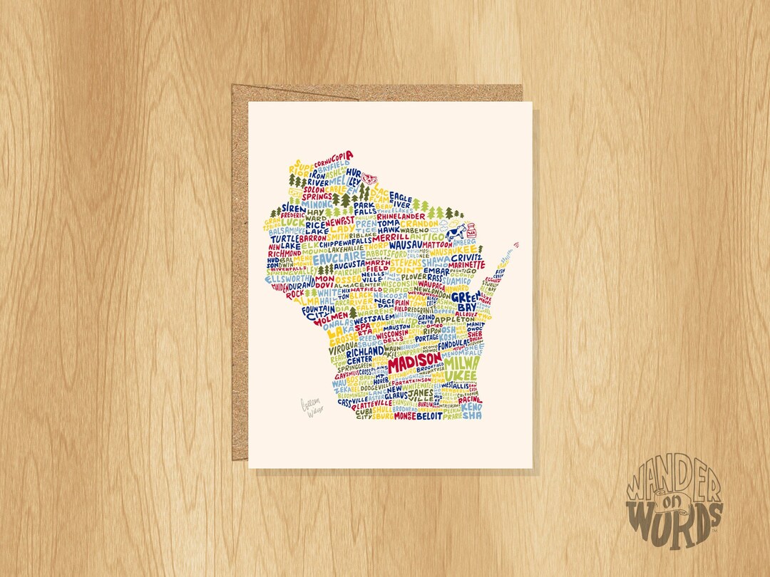 Hand-lettered Wisconsin Card, Wisconsin Gift, Wisconsin Shape ...