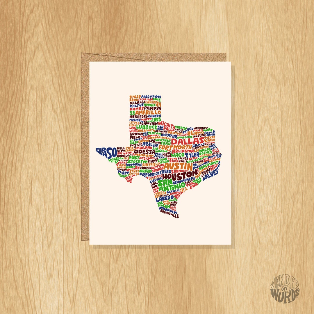 Hand-lettered Texas Card, Texas Gift, Texas Shape, Texas Cities Card ...