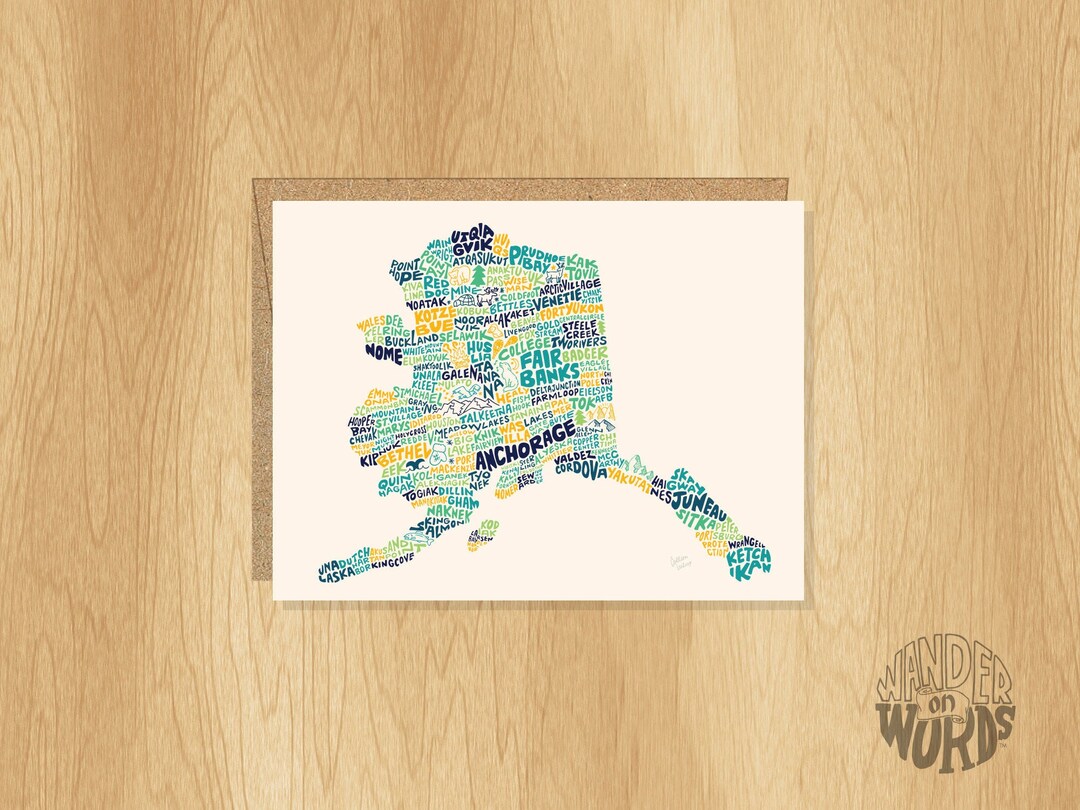 Hand-lettered Alaska Card, Alaska Gift, Alaska Shape, Alaska Cities ...