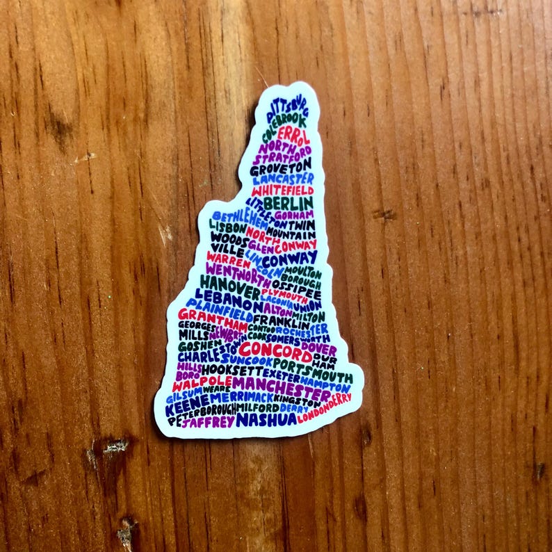 Hand-lettered New Hampshire Map Sticker, New Hampshire Shape Sticker ...