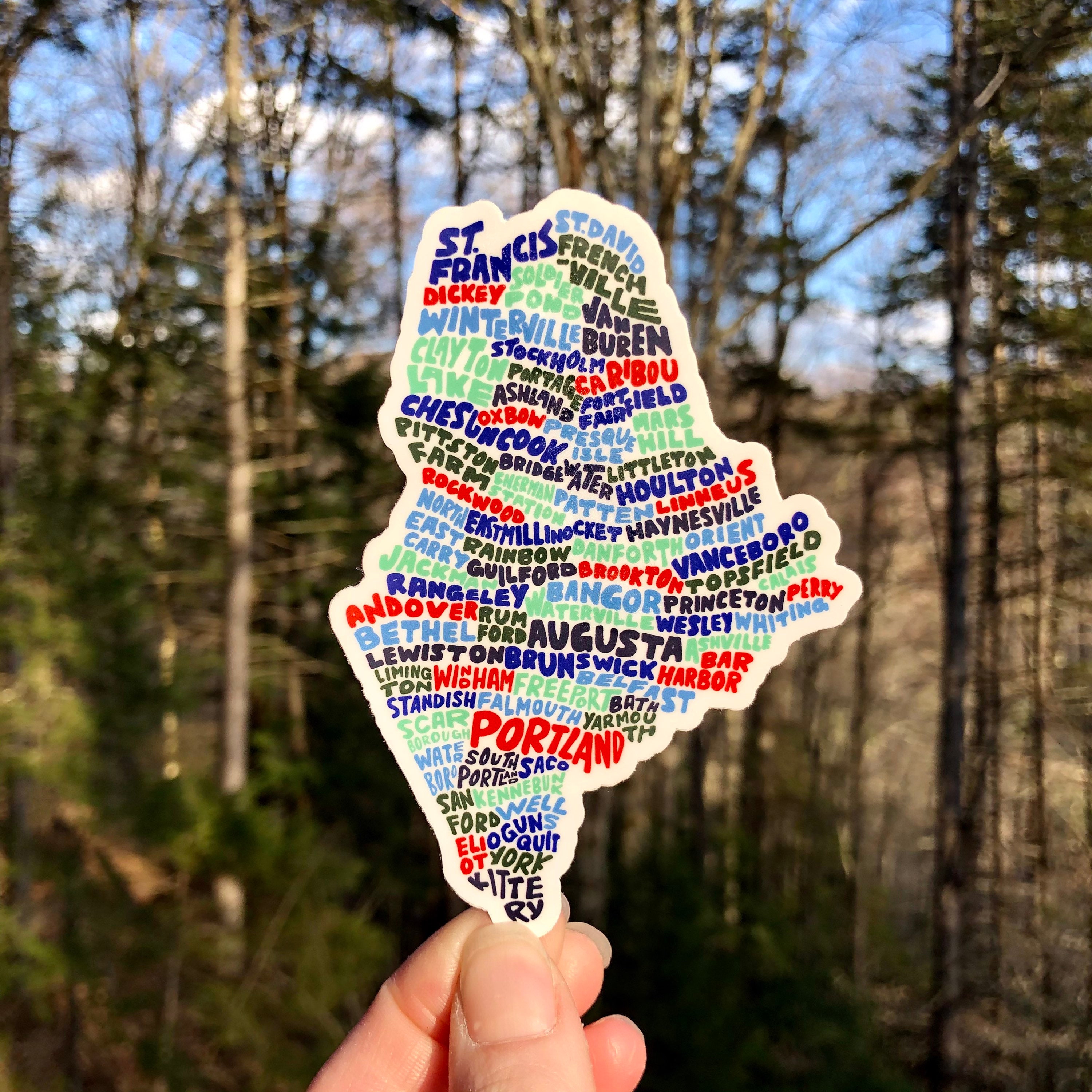 Hand-lettered Towns of Maine Sticker, Maine Shape Sticker, Maine ...