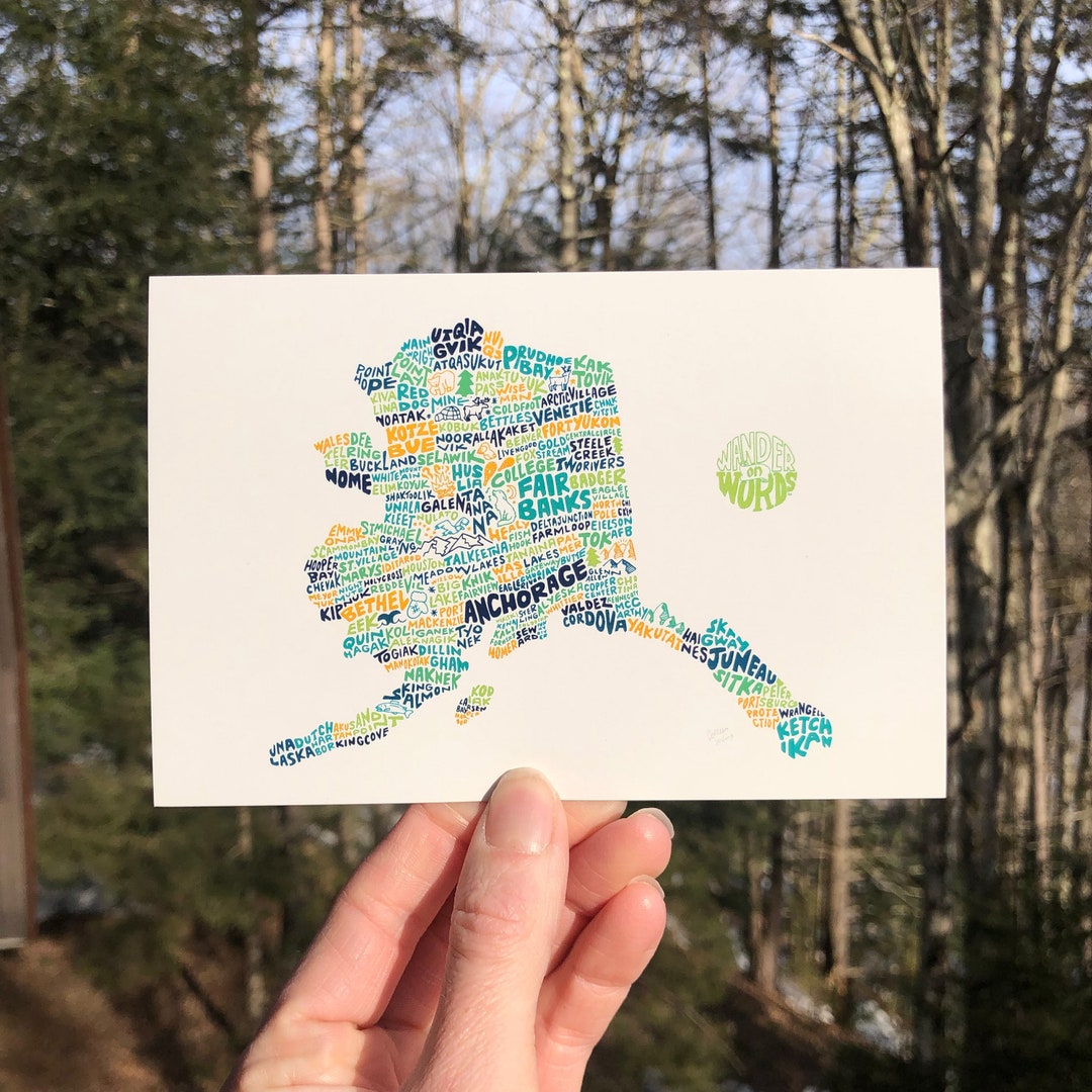 Hand-lettered Towns of Alaska Postcard, Alaska Postcard, Alaska Shape ...