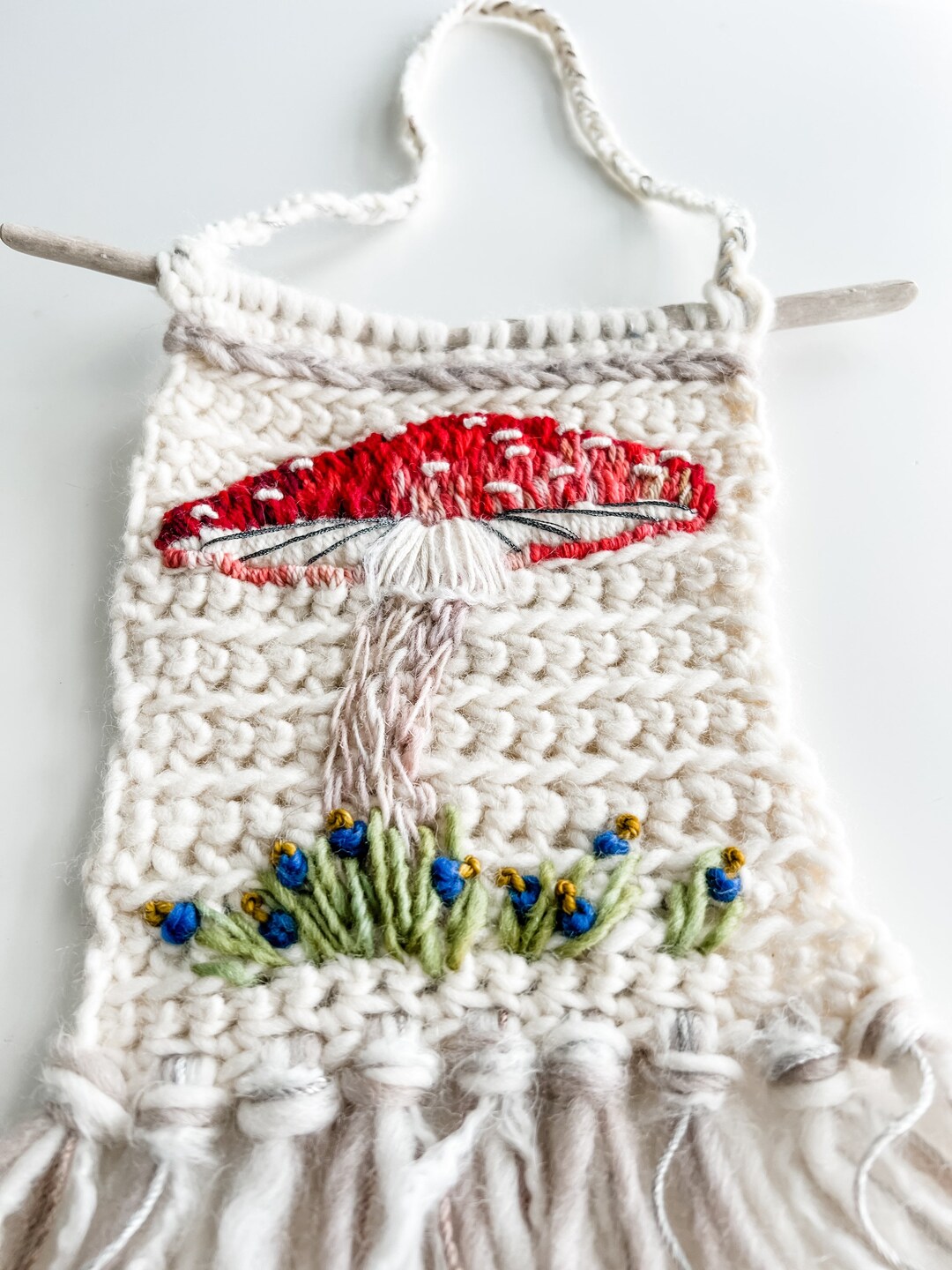 Toadstool Wall Hanging on Driftwood. Boho Mushroom Fiber Art. Woodland Fungus Embroidery ...