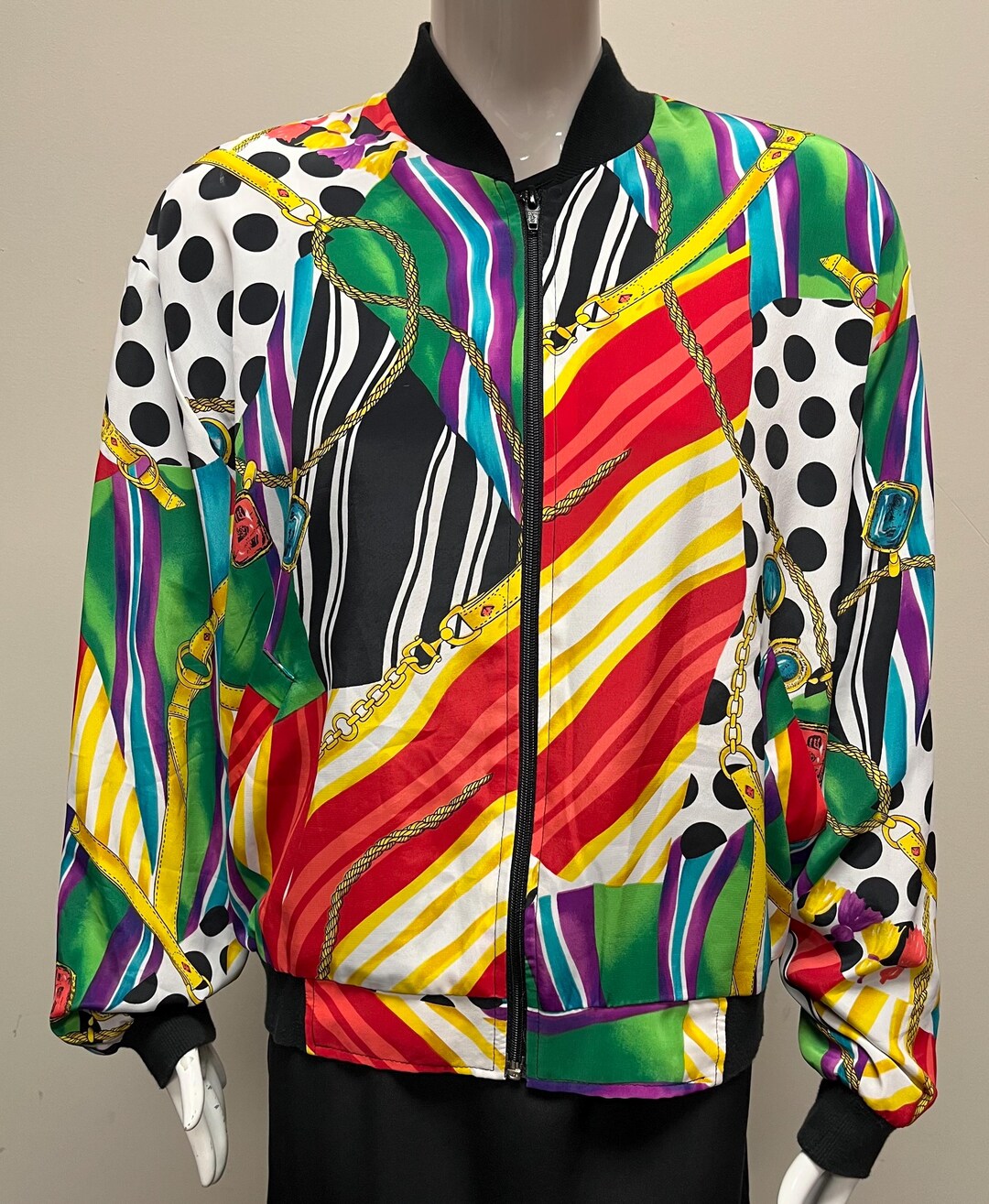 1980's Bright Jewel Tone Baroque Chain Print Silky Jacket - Etsy