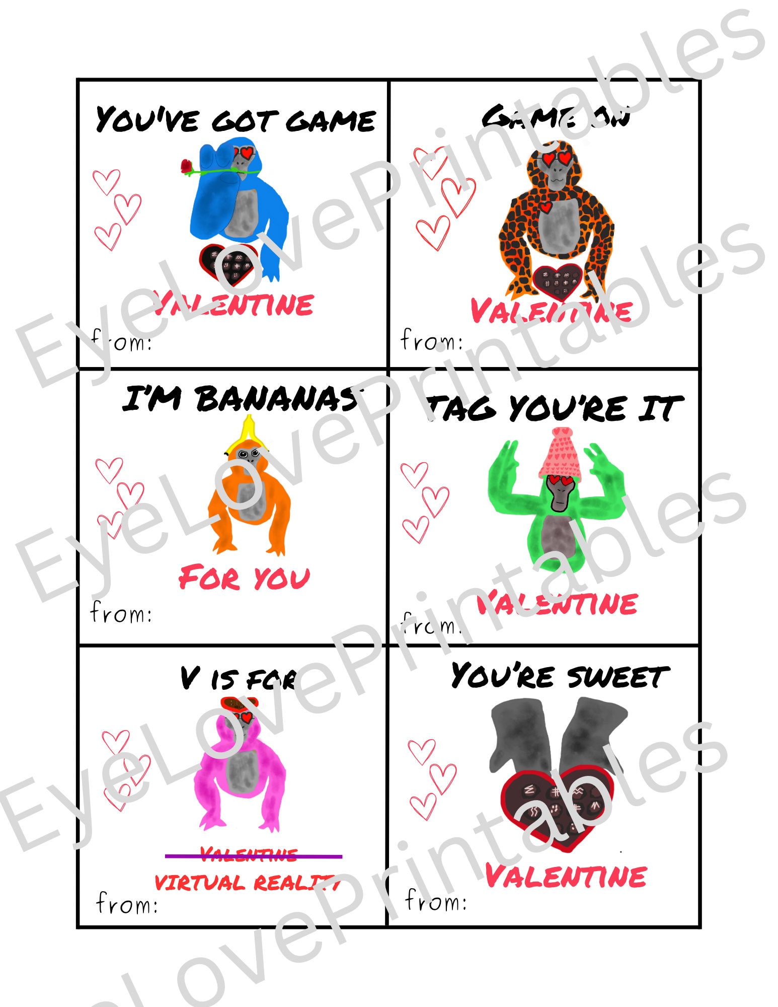 GORILLA TAG Inspired Valentine Cards Printable Digital Download Lava ...