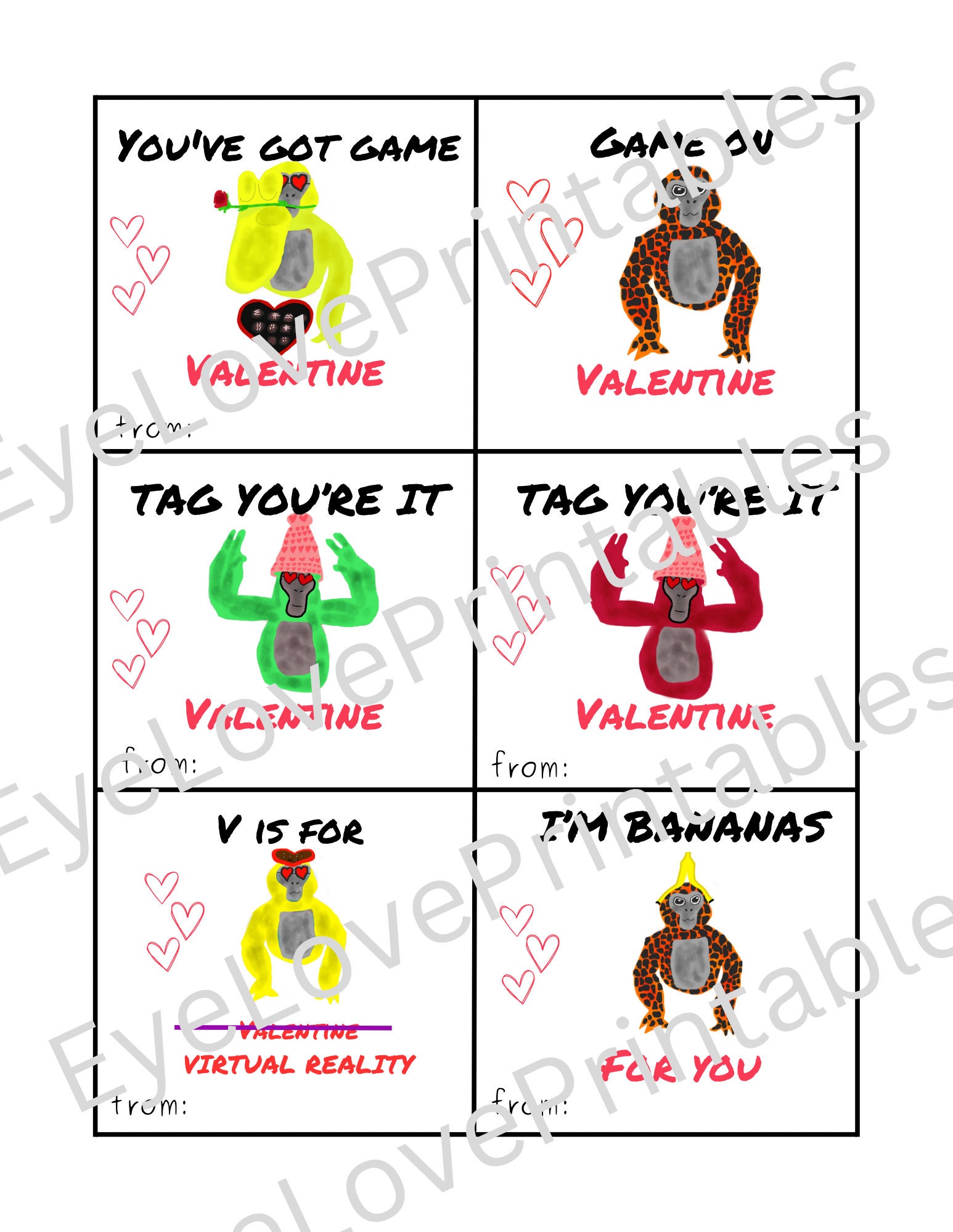 GORILLA TAG Inspired Valentine Cards Printable Digital Download Lava ...