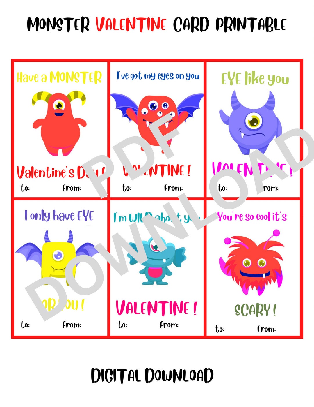 Kids Monster Valentine’s Day Card Printable Digital Download - Etsy