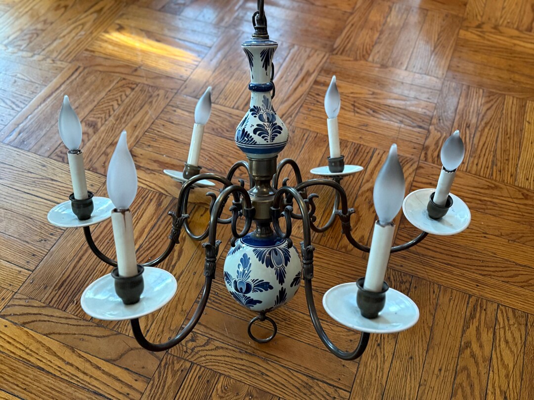 Vintage Delft Blue Porcelain and Bronze Chandelier 6 Light Fixture ...