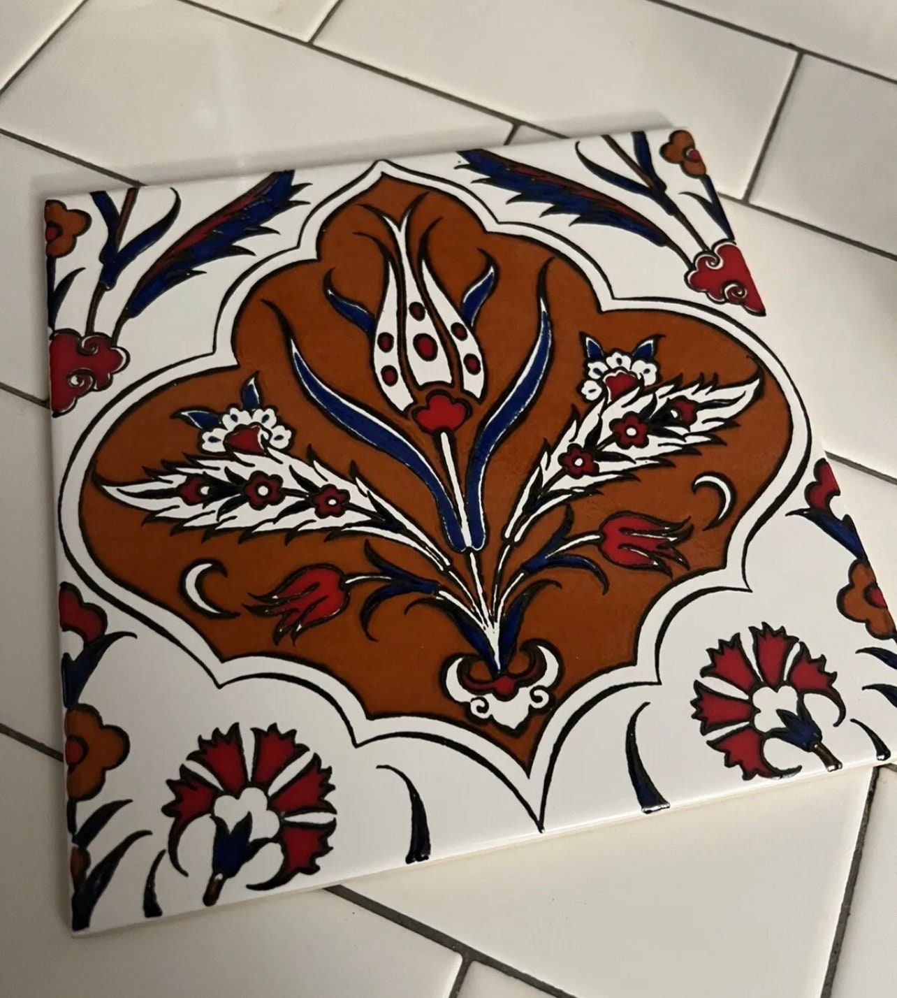 Saray Ottoman Iznik Raised 3 Tulip Design 8x8 Turkish Ceramic Tiles Box ...