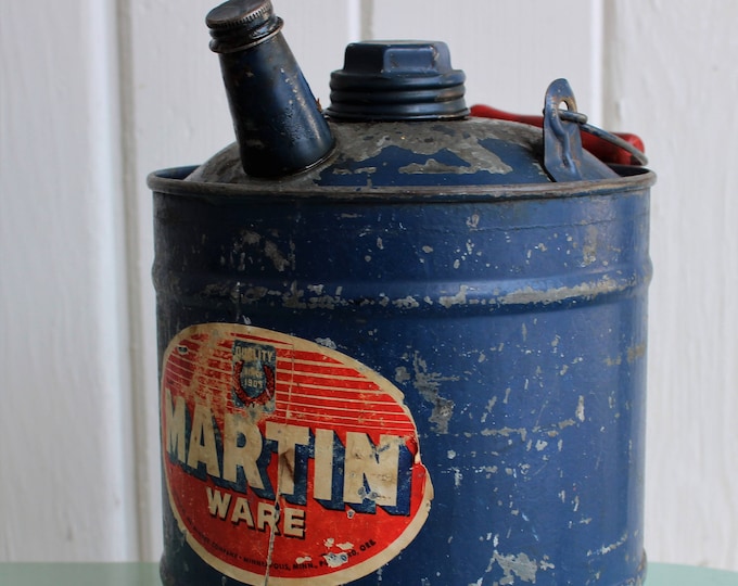 Vintage Blue Metal GAS CAN by Martin Ware, Chippy Rustic Industrial ...