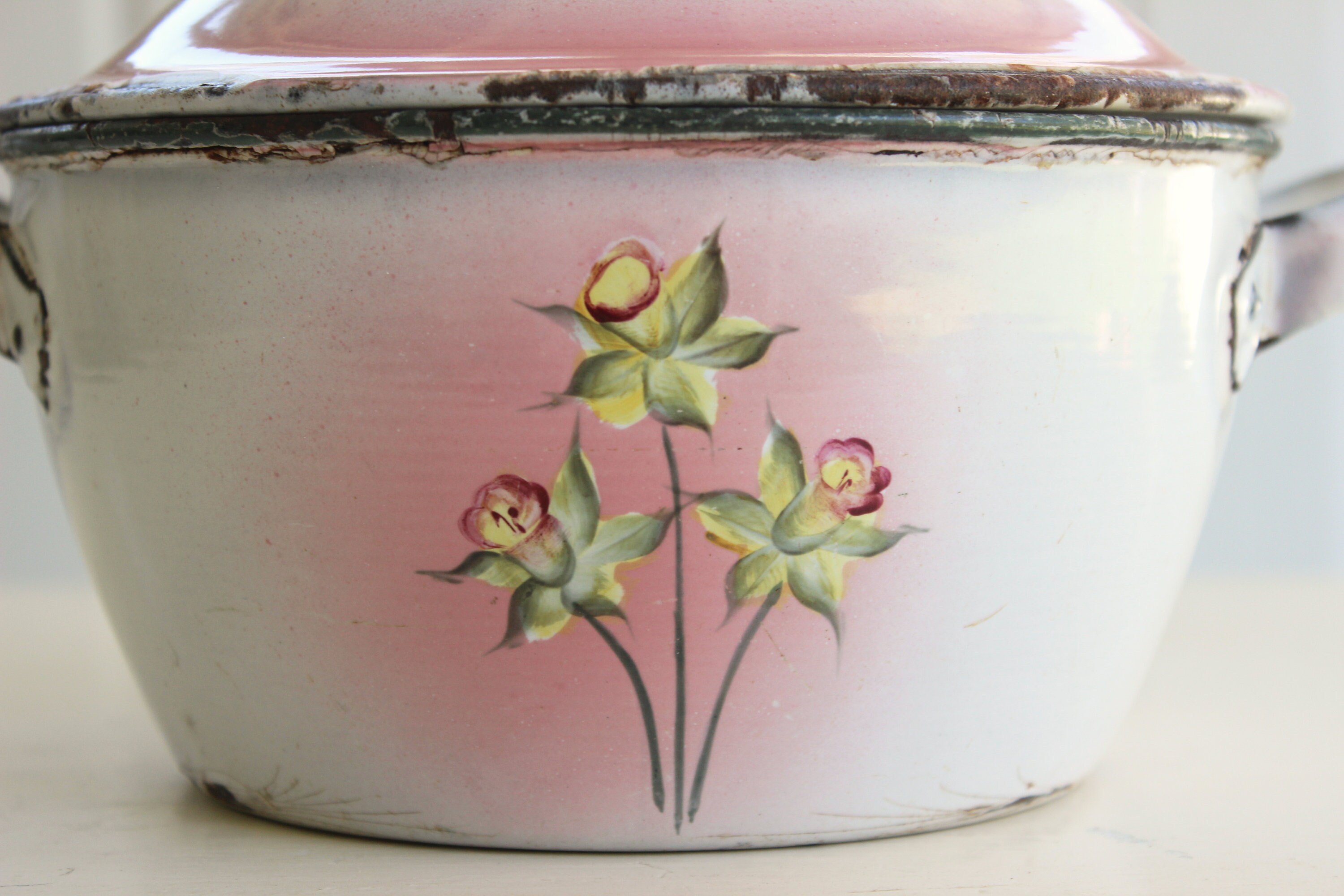 Rare Antique FRENCH PINK ENAMEL Pot with Lid, Hand Painted Flowers ...