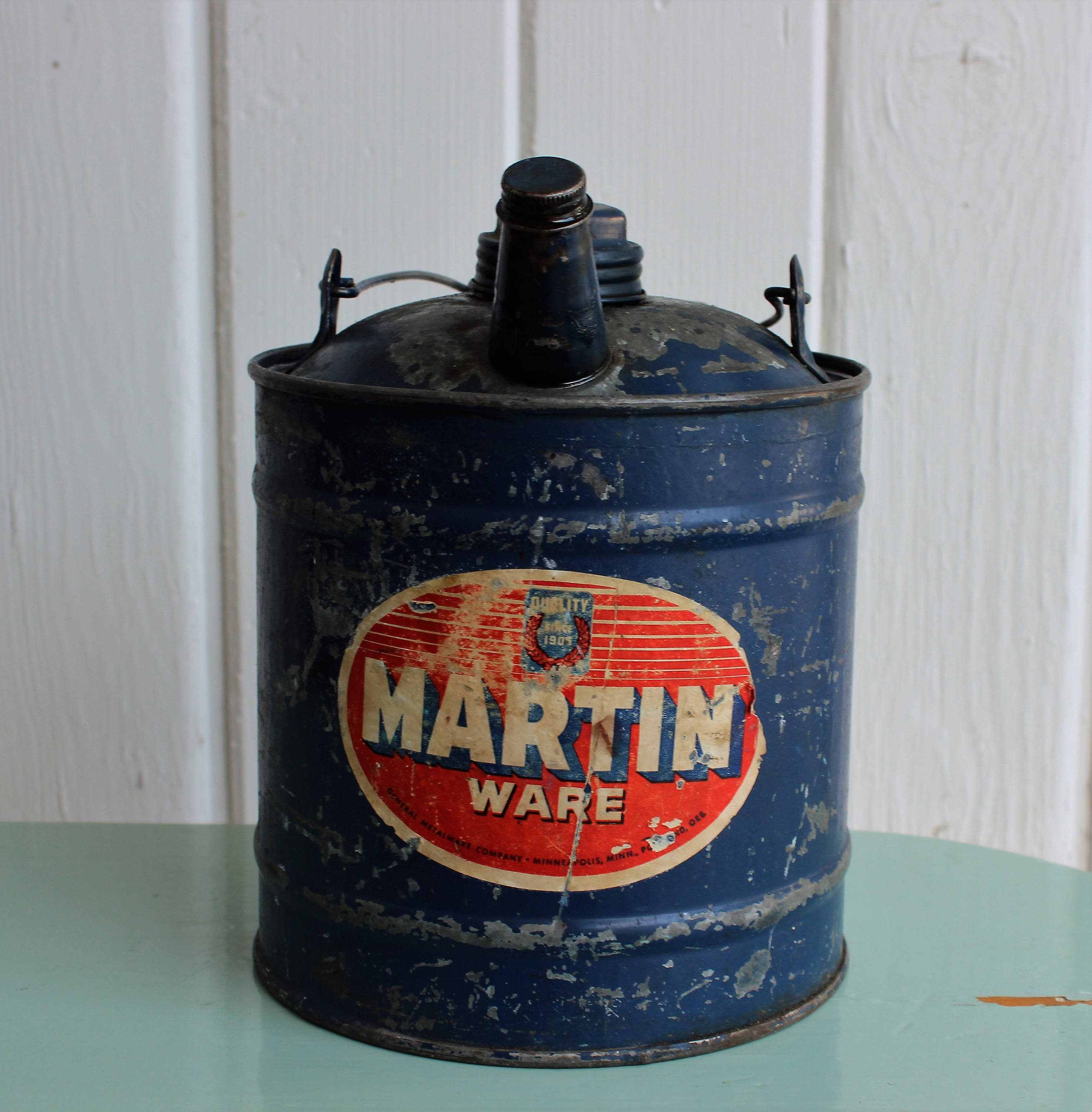 Vintage Blue Metal GAS CAN by Martin Ware, Chippy Rustic Industrial ...