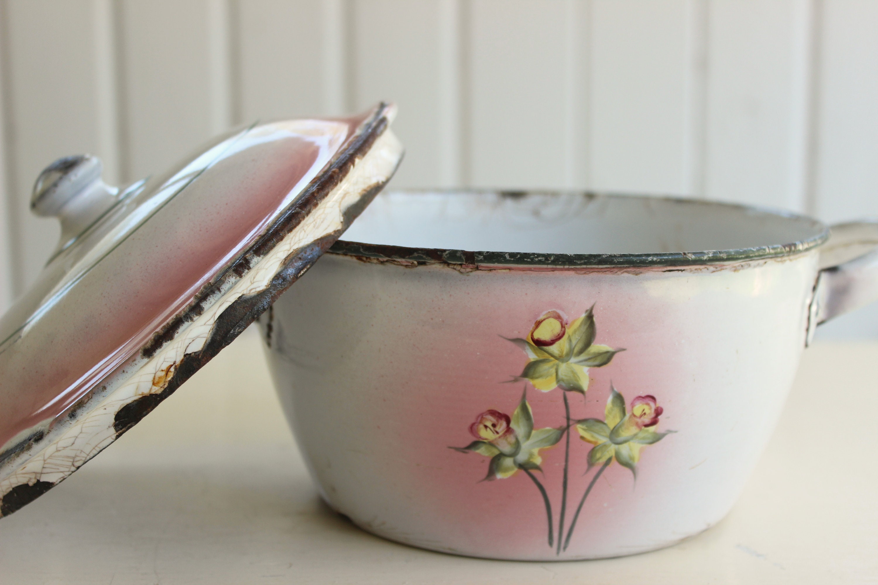 Rare Antique FRENCH PINK ENAMEL Pot with Lid, Hand Painted Flowers ...