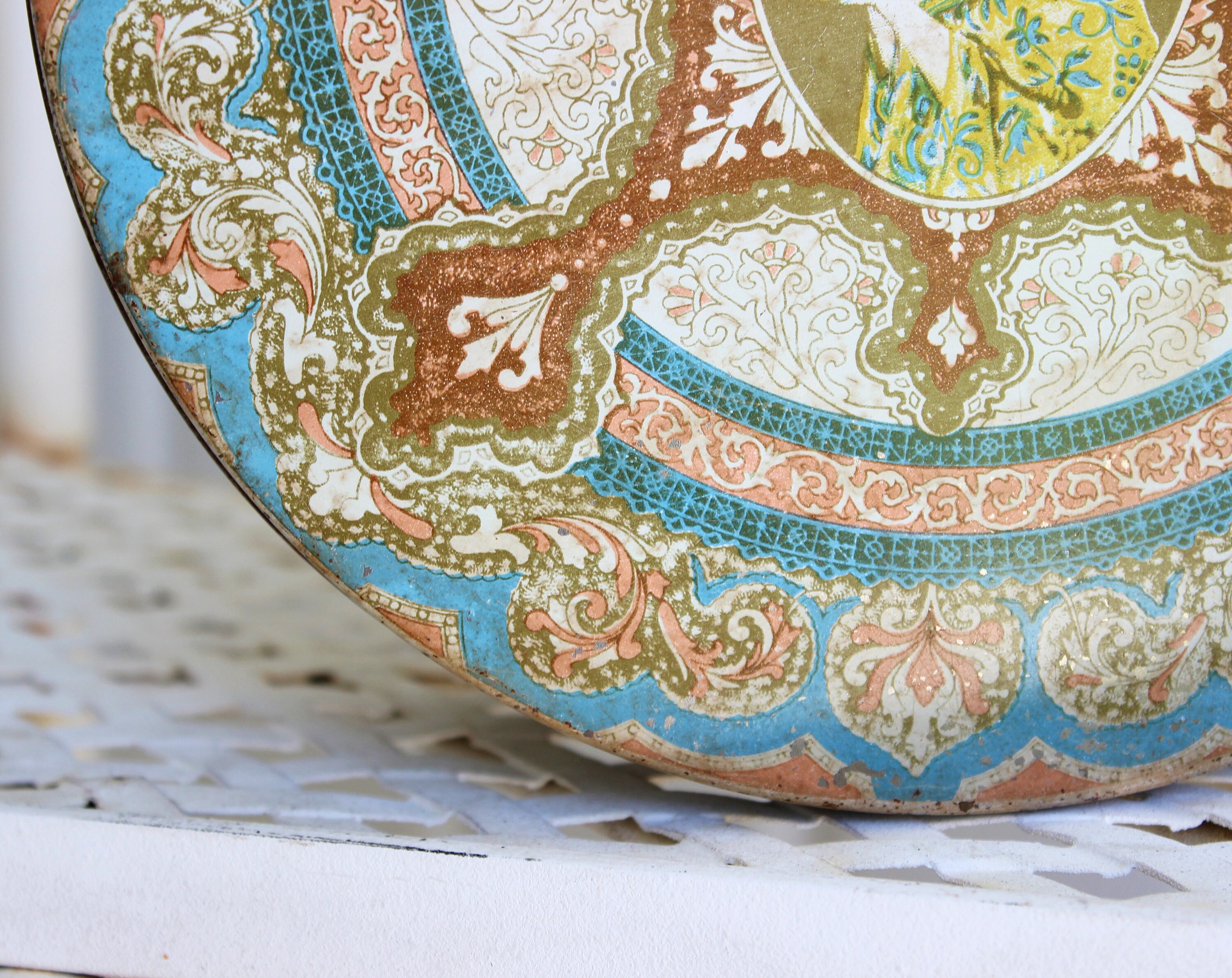 Antique FANCY CAKE TIN Pink & Blue, Vintage Round Tin, Rustic Antique ...