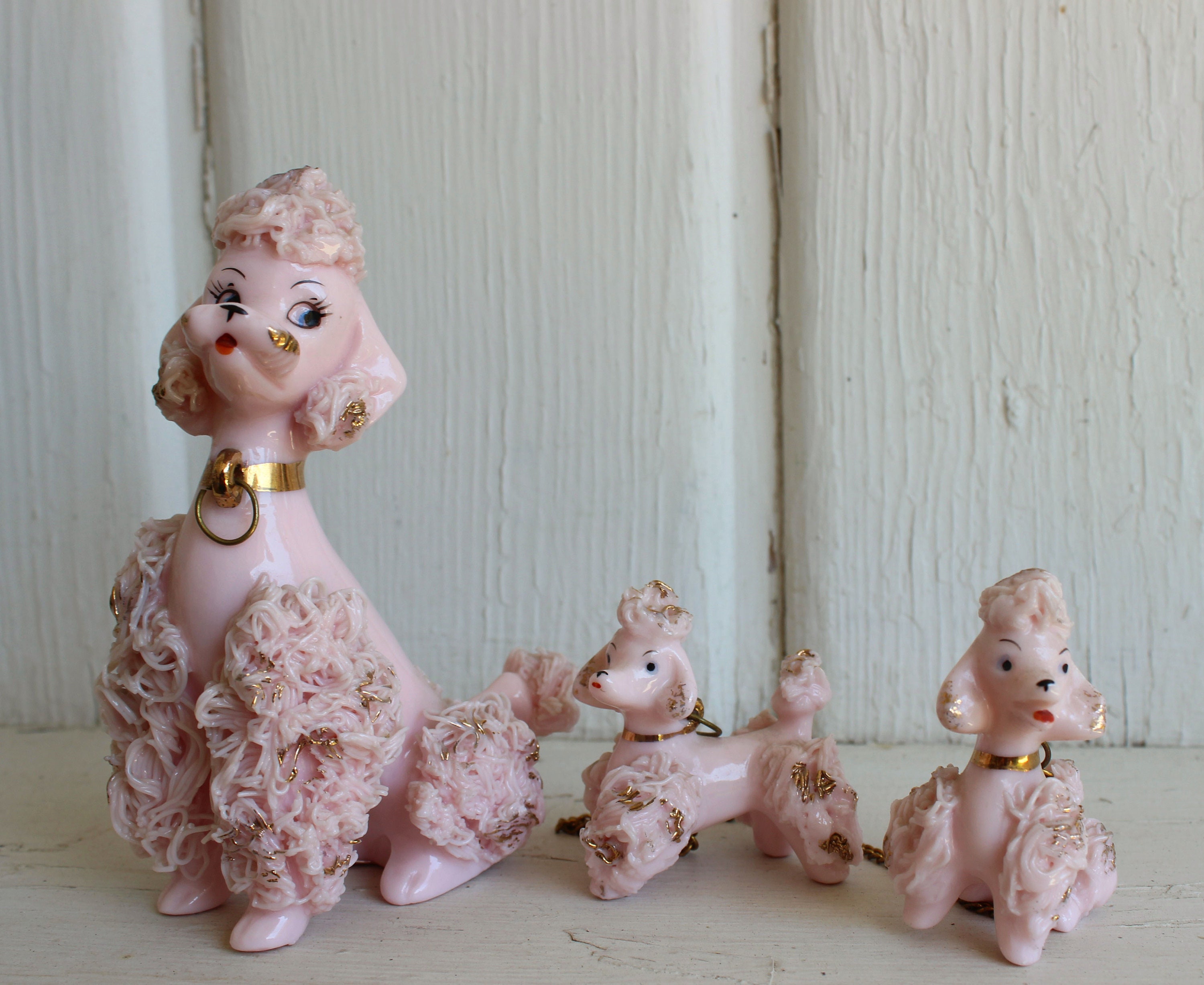 Vintage PINK FRENCH POODLE Spaghetti Trim Ceramic, Set of Mother & 2 ...