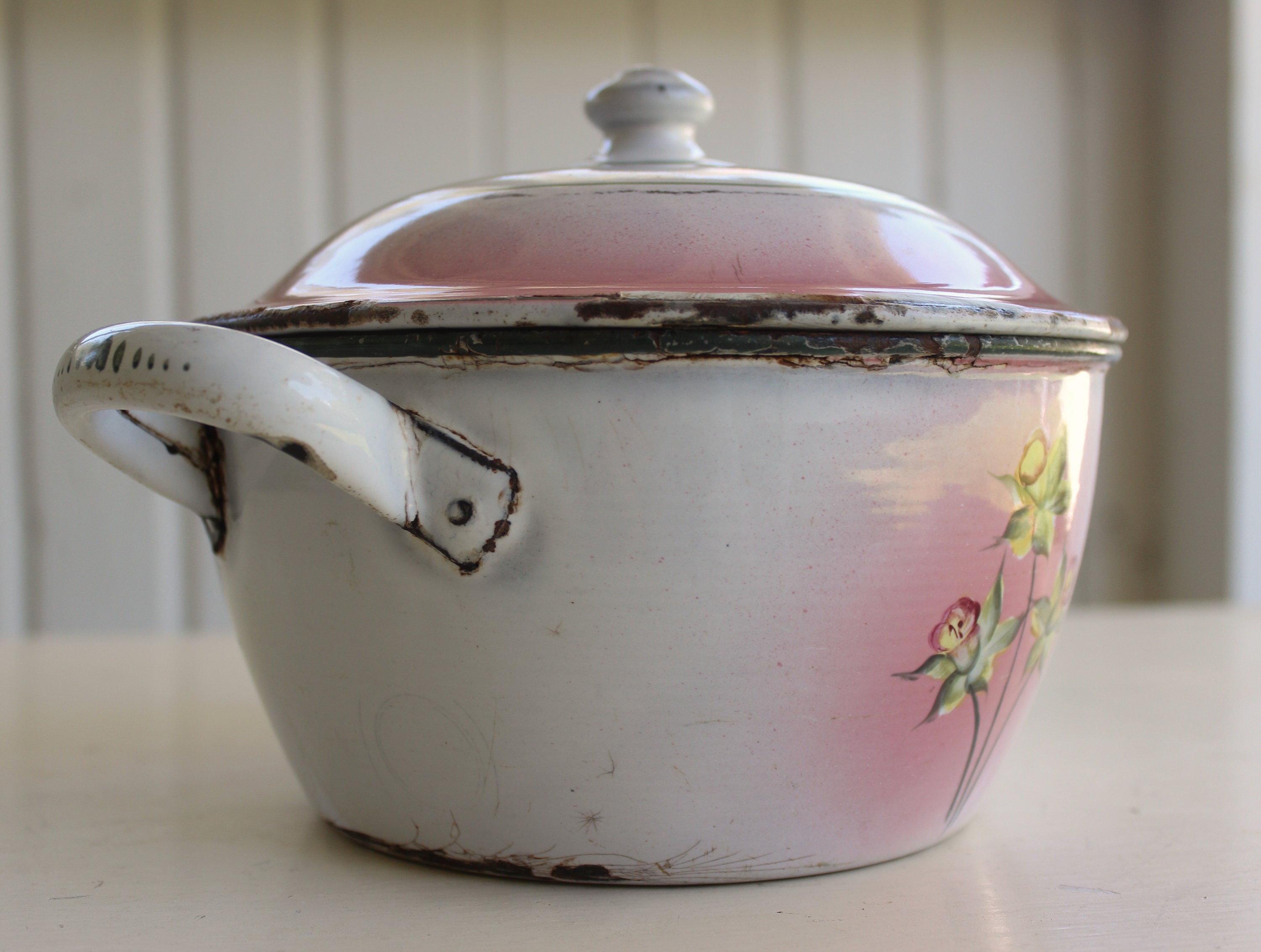 Rare Antique FRENCH PINK ENAMEL Pot with Lid, Hand Painted Flowers ...