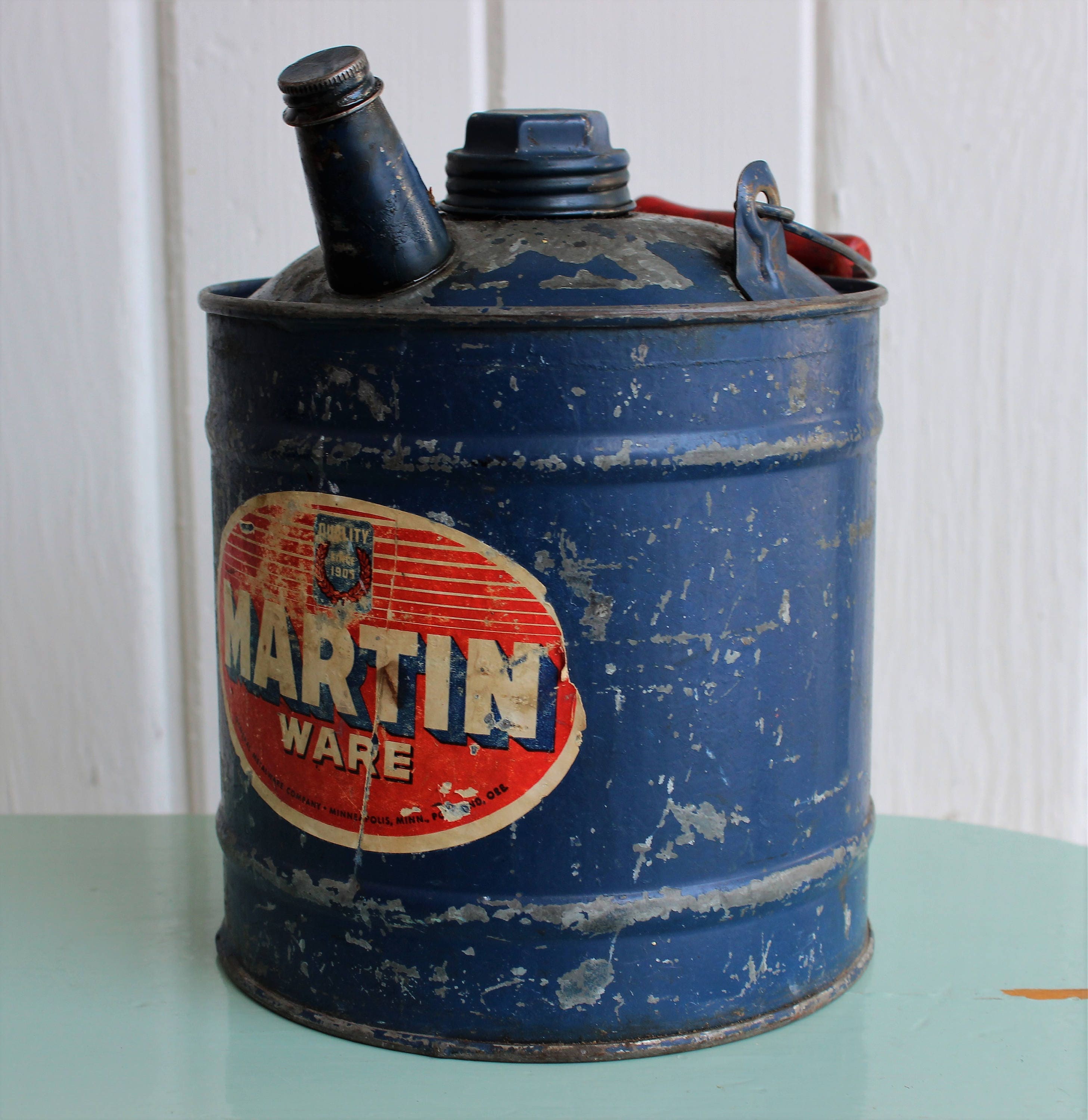 Vintage Blue Metal GAS CAN by Martin Ware, Chippy Rustic Industrial ...