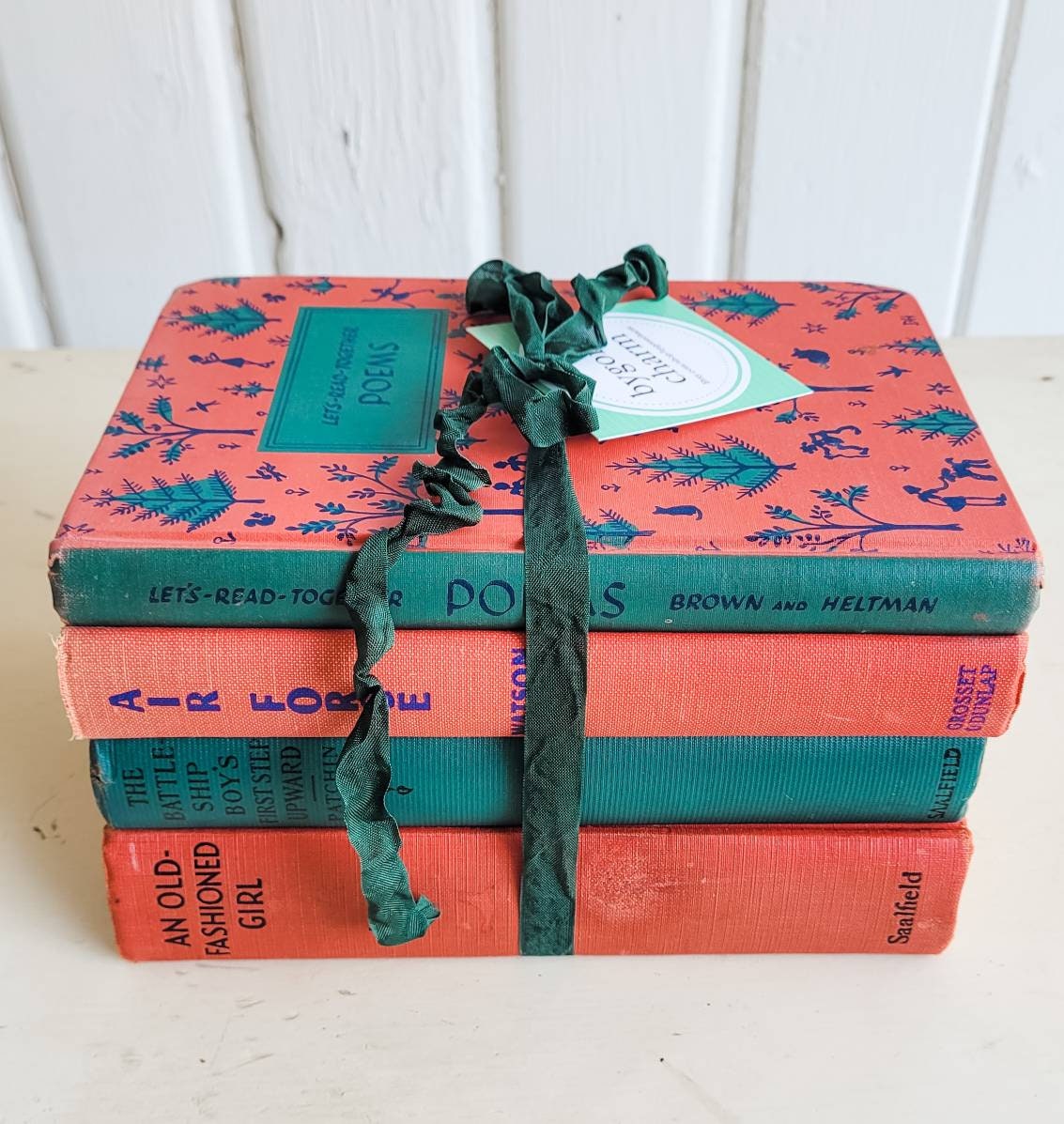 Vintage RED & GREEN Book Bundle, Decorative Books, Holiday Decor - Set of 4
