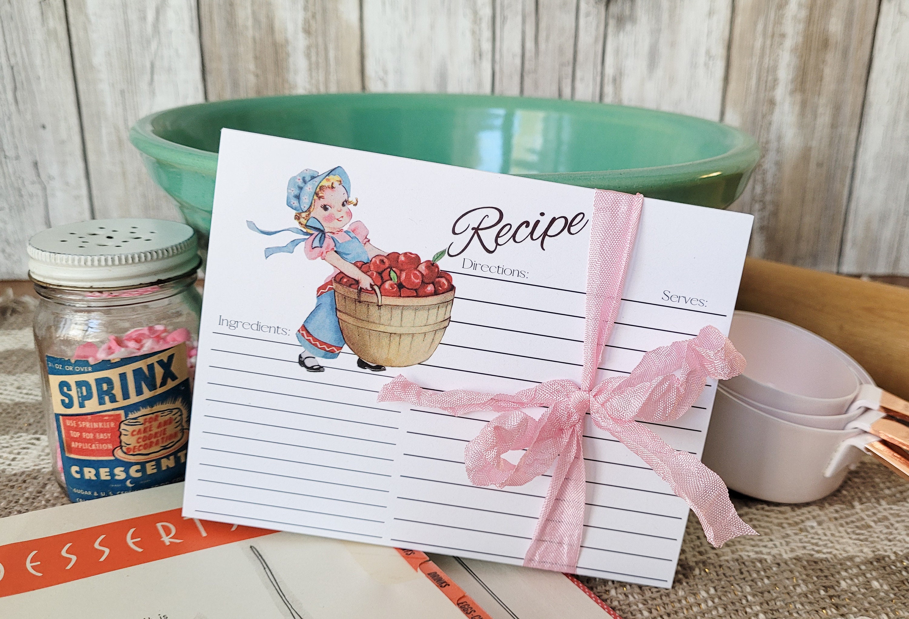 Cute RECIPE CARDS Vintage Inspired Girl w/ Basket of Apples - Set of 15