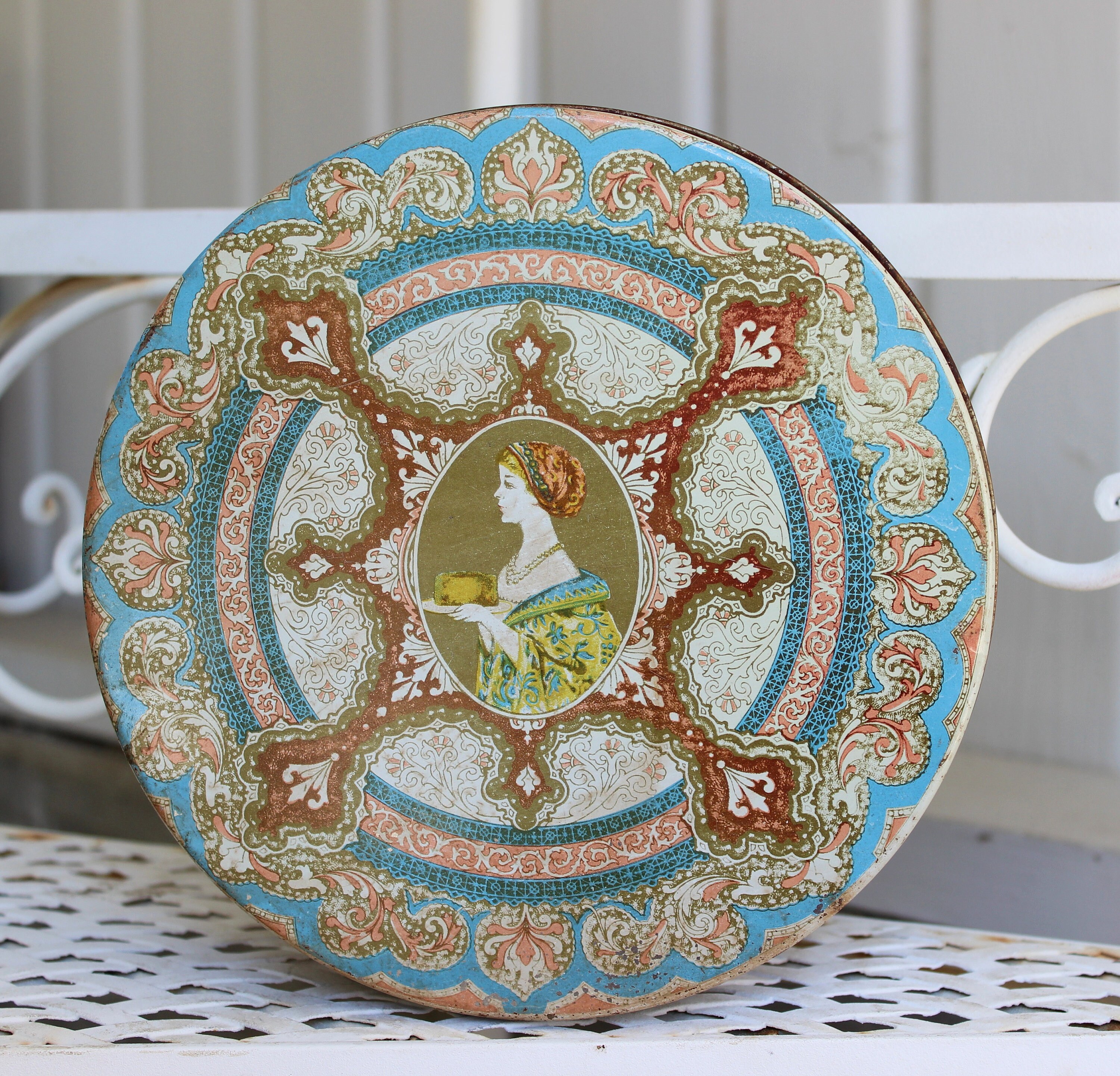 Antique FANCY CAKE TIN Pink & Blue, Vintage Round Tin, Rustic Antique ...