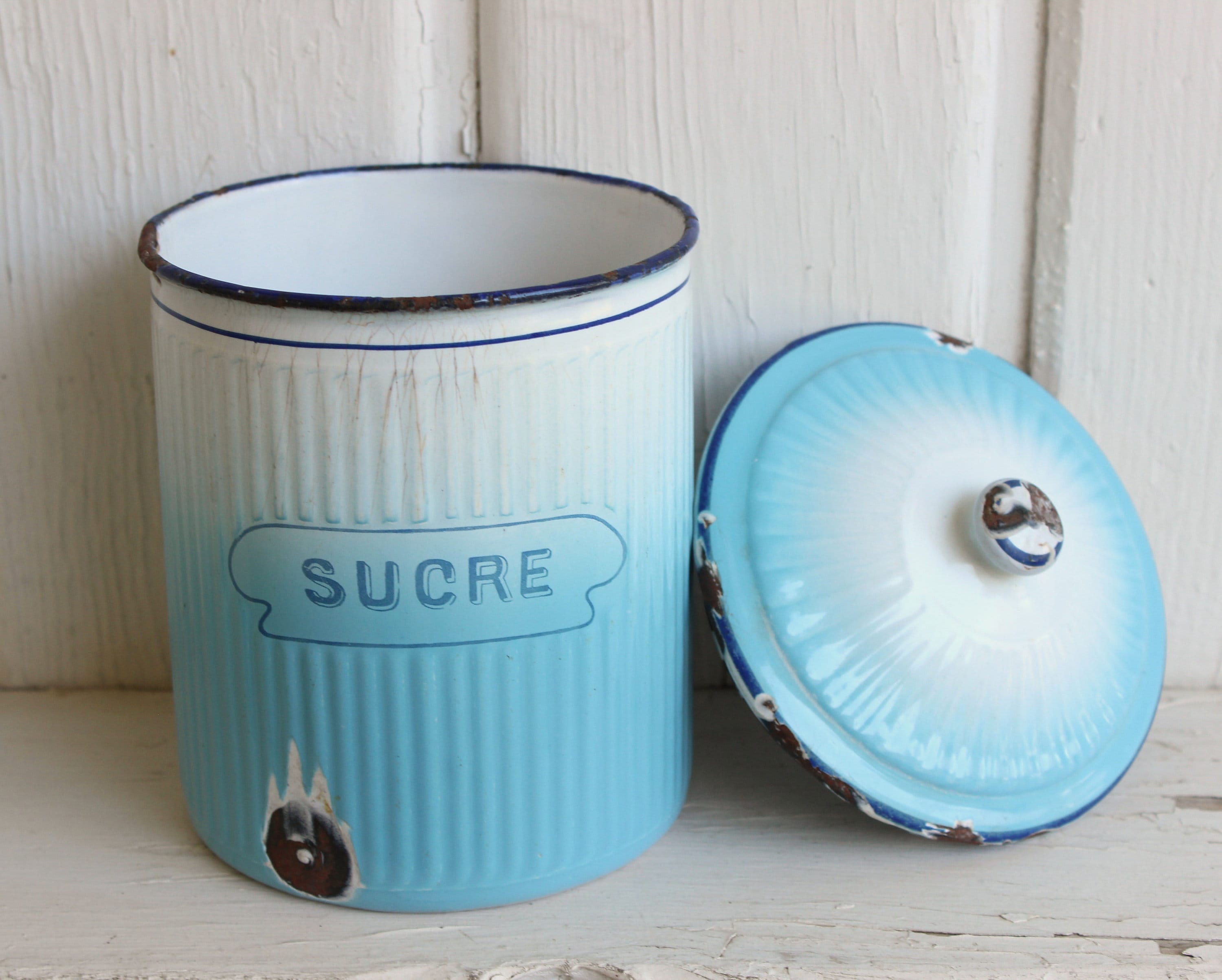 Rare Antique FRENCH ENAMELWARE SUGAR Jar w Lid, Sucre, Robin's Egg Blue ...