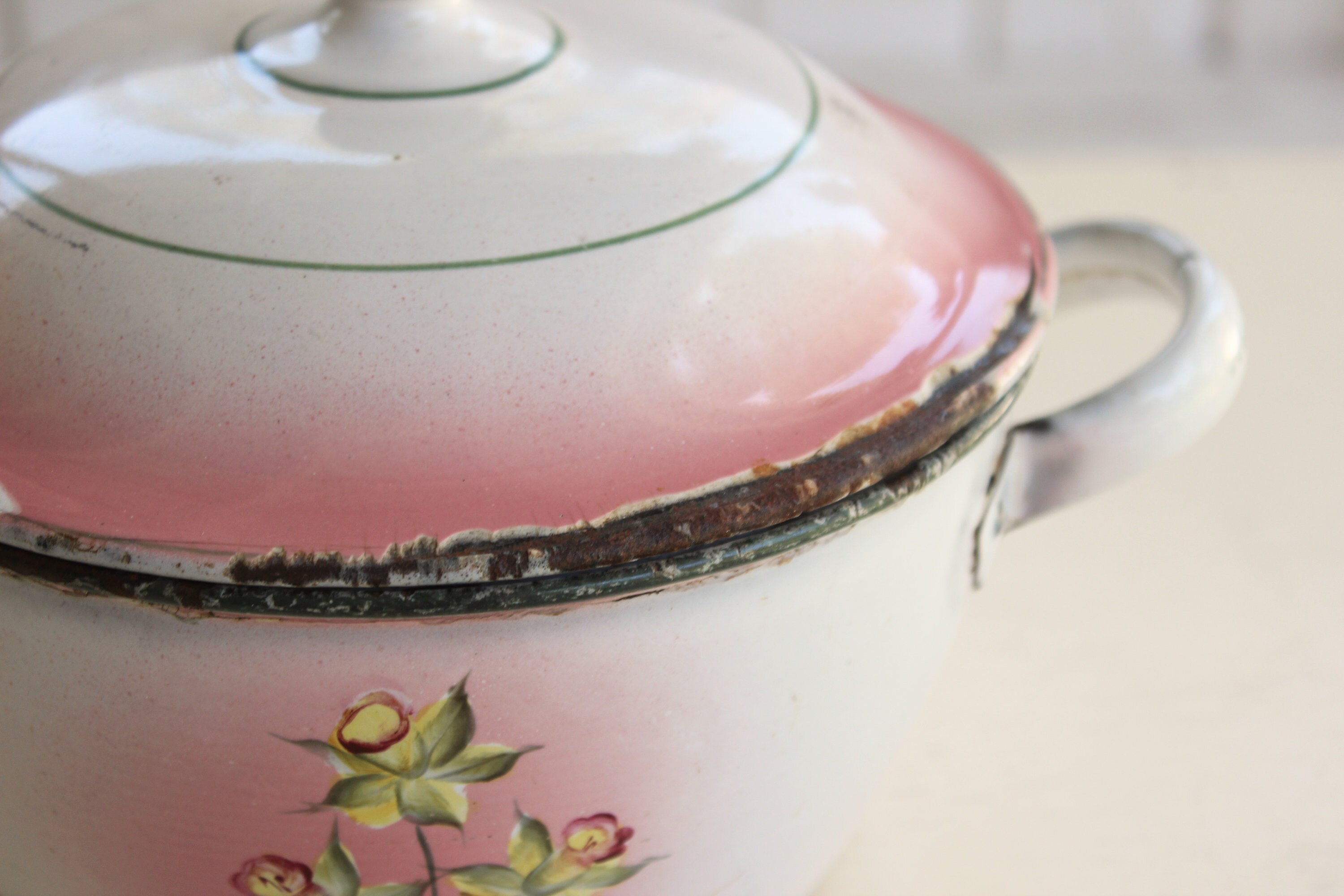 Rare Antique FRENCH PINK ENAMEL Pot with Lid, Hand Painted Flowers ...