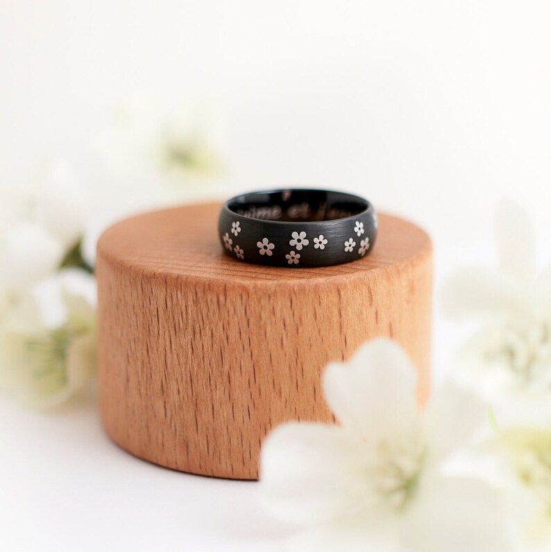 Cherry Blossom Sakura Rings Set Black Tungsten Bands With - Etsy