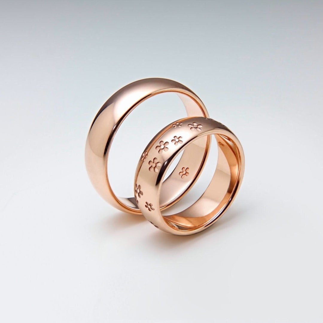 Cherry Blossom Rings, Sakura Wedding Rings Set, Matching Wedding Bands ...