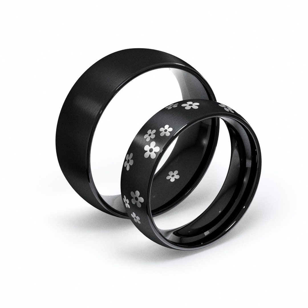 Cherry Blossom Sakura Rings Set, Black Tungsten Bands With Brushed ...