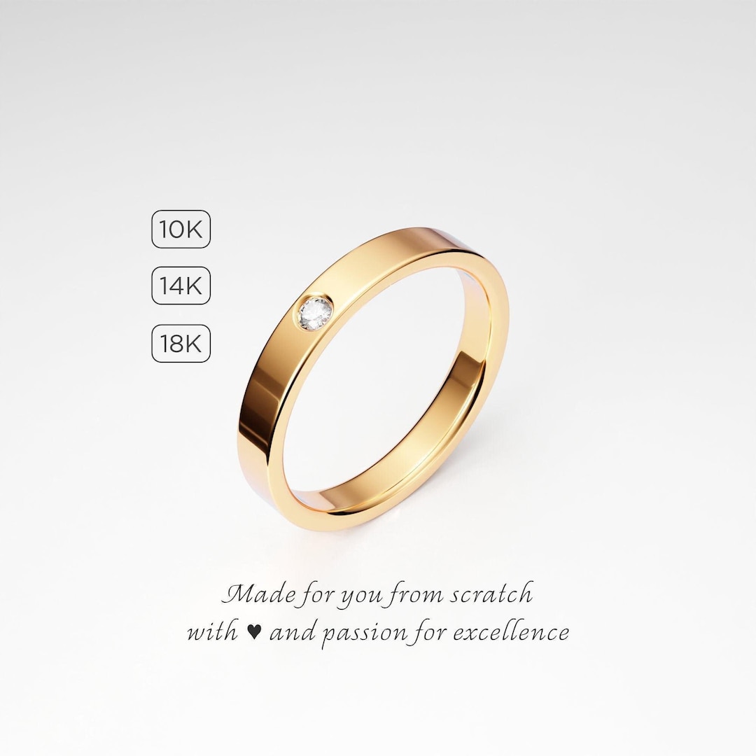 3mm Yellow Gold Diamond Band, Flush Set Single Diamond Flat Band, Women ...