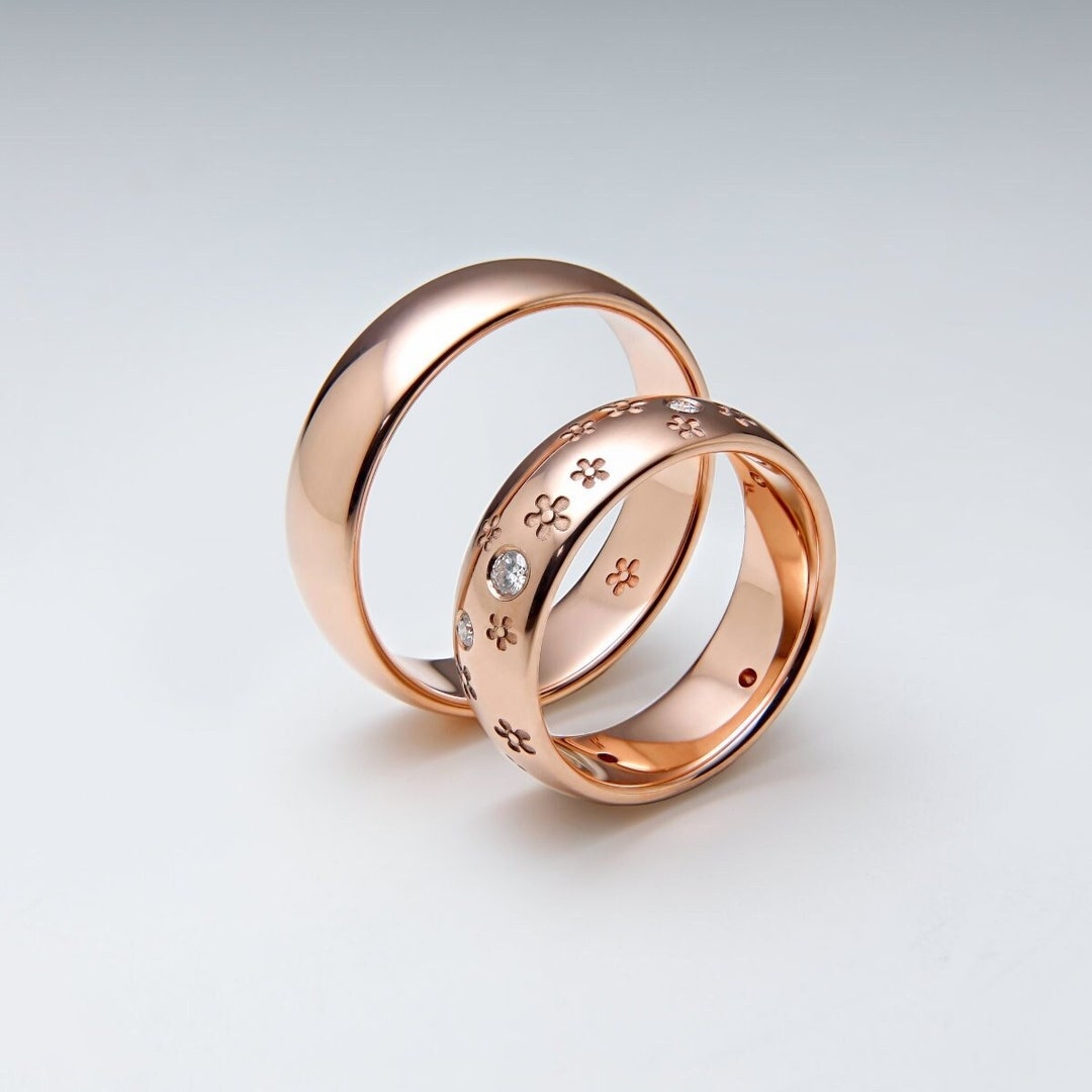 Sakura Cherry Blossoms Floral Wedding Bands Set in Solid 14K Rose Gold ...