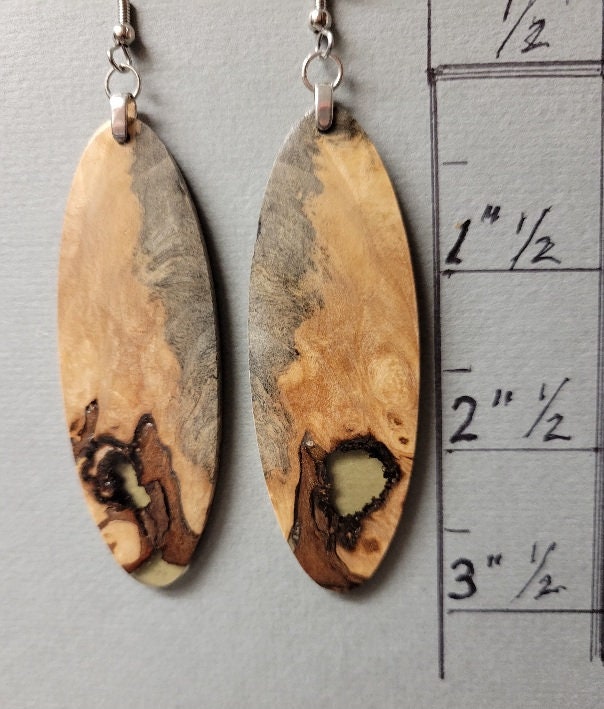 LARGE Thin Buckeye Burl and Resin Exotic Wood Large Long Earrings ...