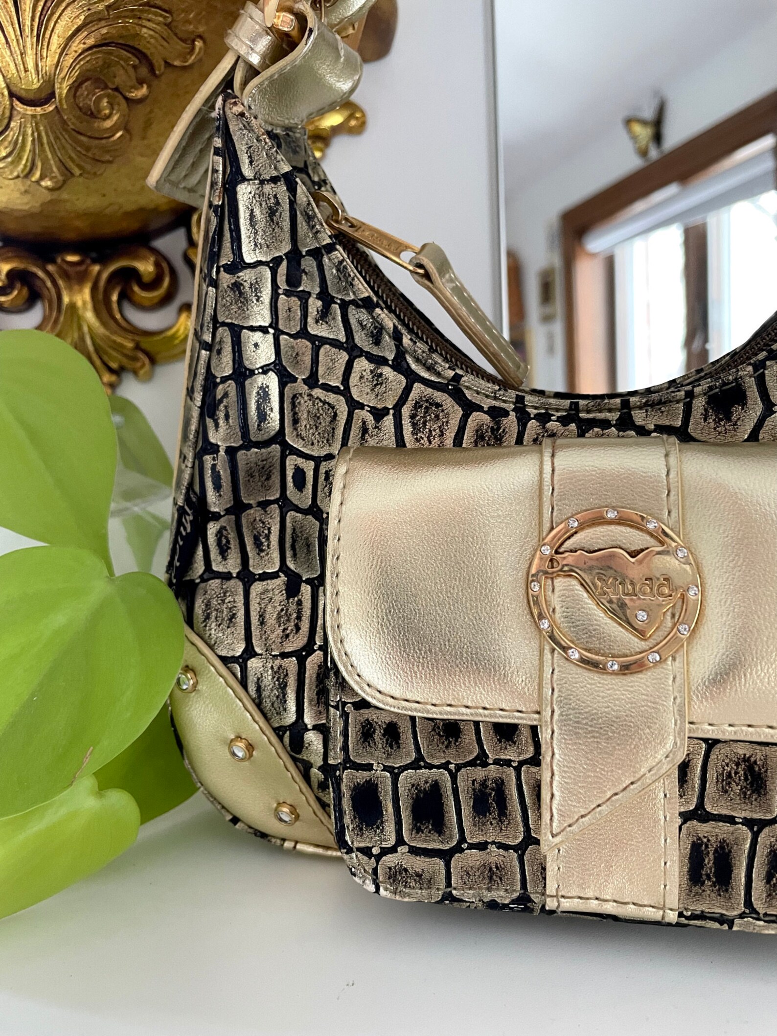 Y2K Mudd Mini Handbag Gold and Black With Rhinestones Faux Croc Leather ...