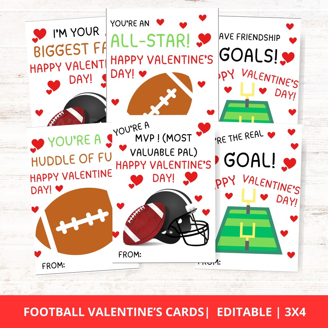 Editable Football Valentine's Cards, Kids Valentine Cards, Sports ...