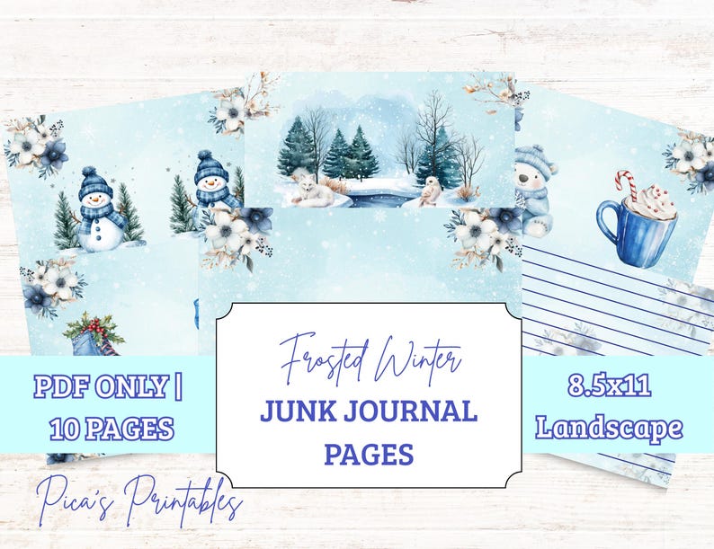 Frosty Winter Junk Journal Pages, Blue Winter Junk Journal Pages, Icy ...