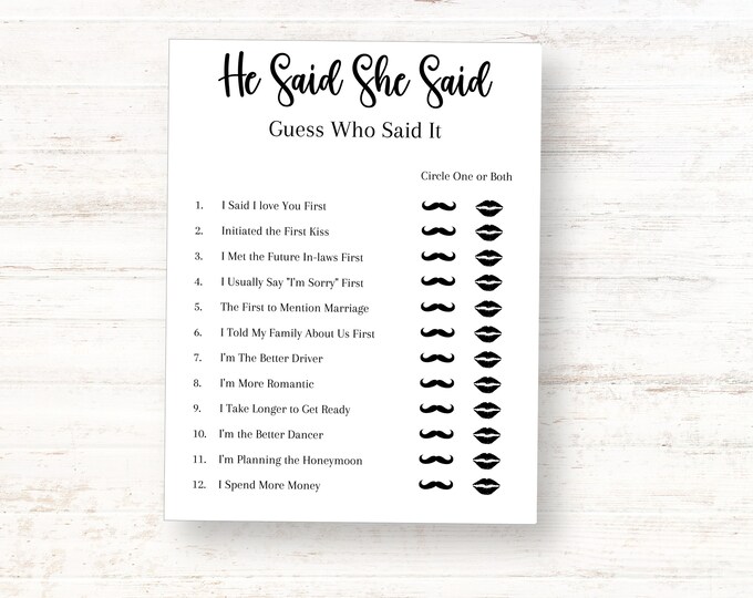 Printable He Said She Said Game Card, Guess Who Said It Bride or Groom ...