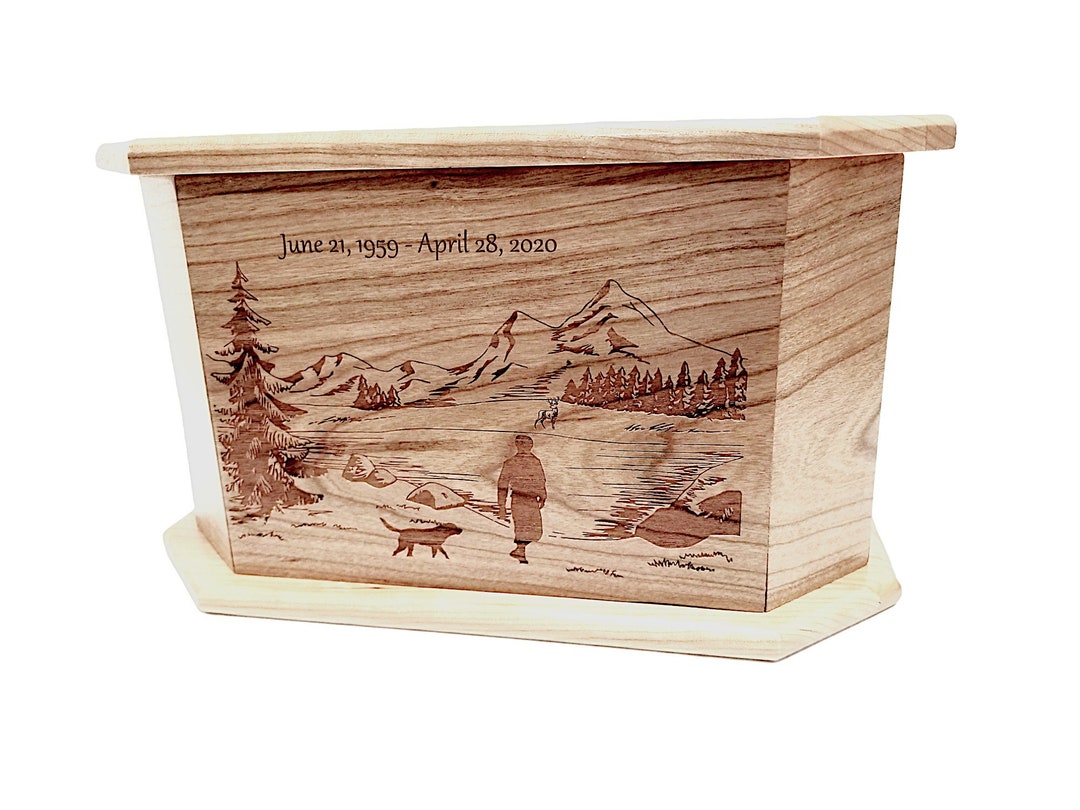 Man and Dog Mountain Lake Urn, Handmade Wooden Urn, Hunting Design Urn ...
