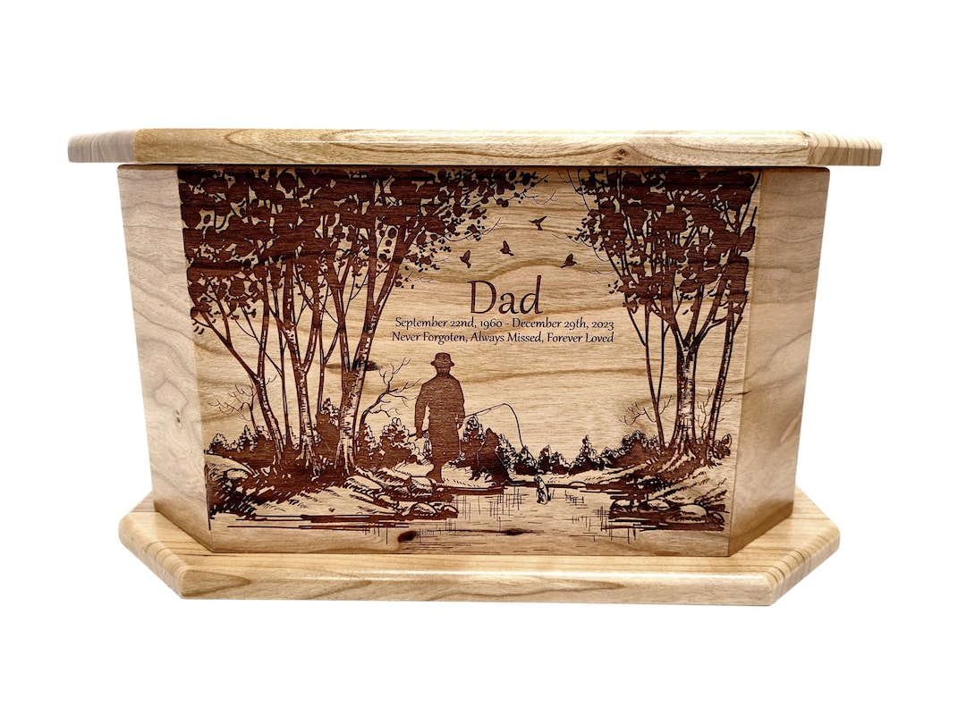 Man Fishing Urn Custom Engraved, Handmade Wooden Urn, Fisherman Design ...