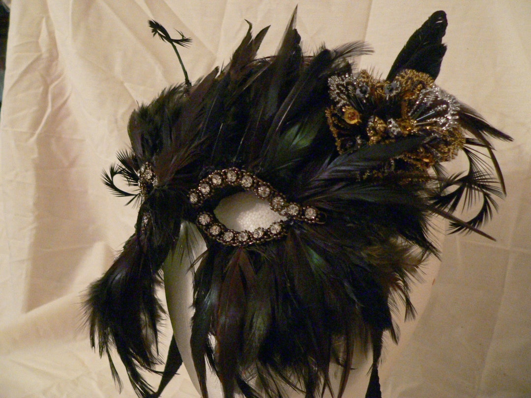 Mask With Feathers, Mixed Media, Rhinestone Trim Around Eyes - Etsy