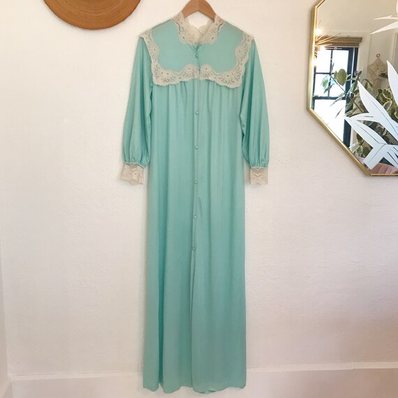 Vintage Lace Robe | 1980's Satin Mint Robe with Lace … - Gem
