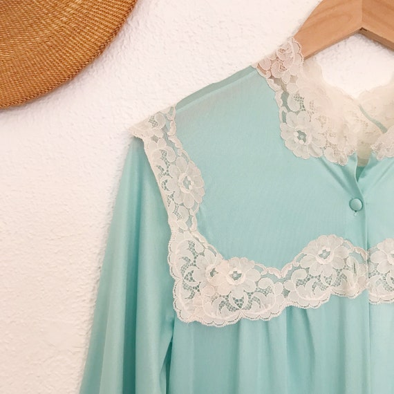 Vintage Lace Robe | 1980's Satin Mint Robe with Lace … - Gem