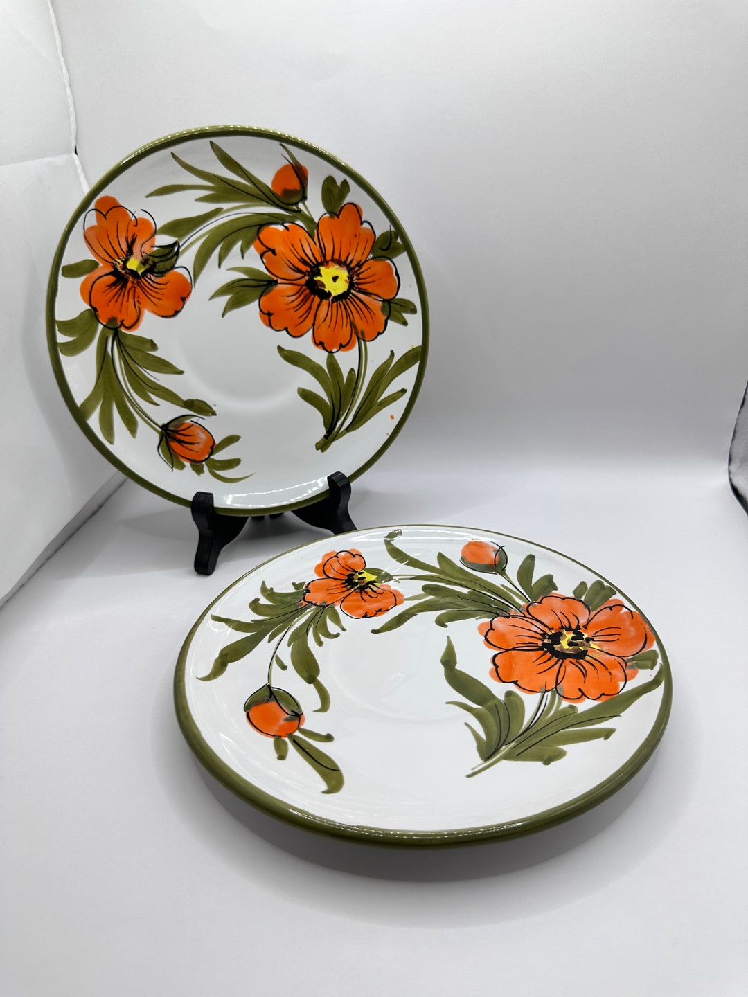 Set of 2 MCM Italian Pottery Poppy Plate Set Italy Hand Painted Orange ...