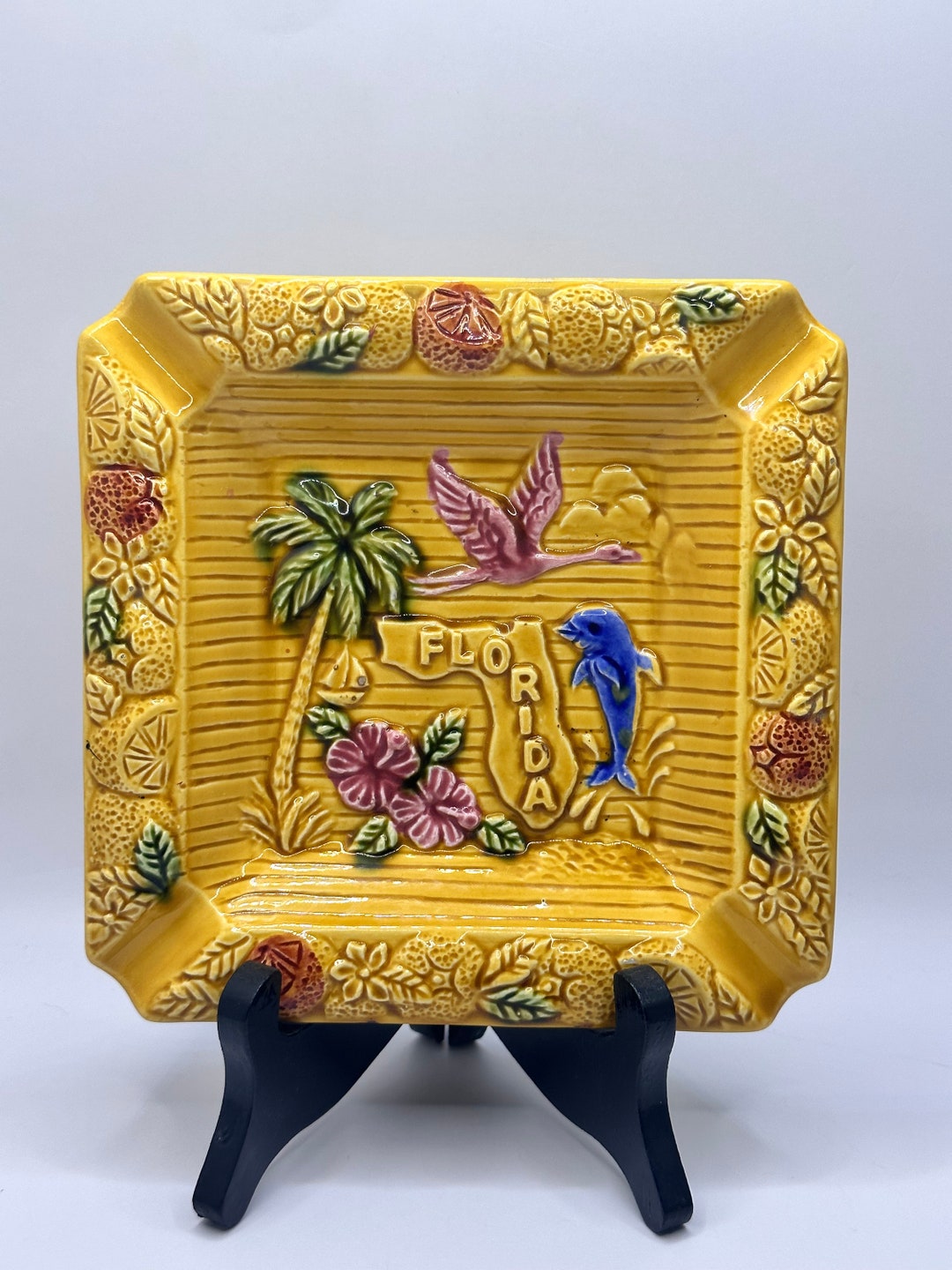 Vintage Florida Souvenir Ceramic Ashtray Yellow Square Dolphin Palm ...