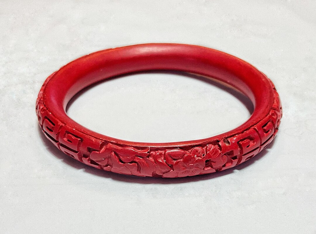Hand Carved Vintage Chinese Red Cinnabar Bangle Bracelet - Etsy