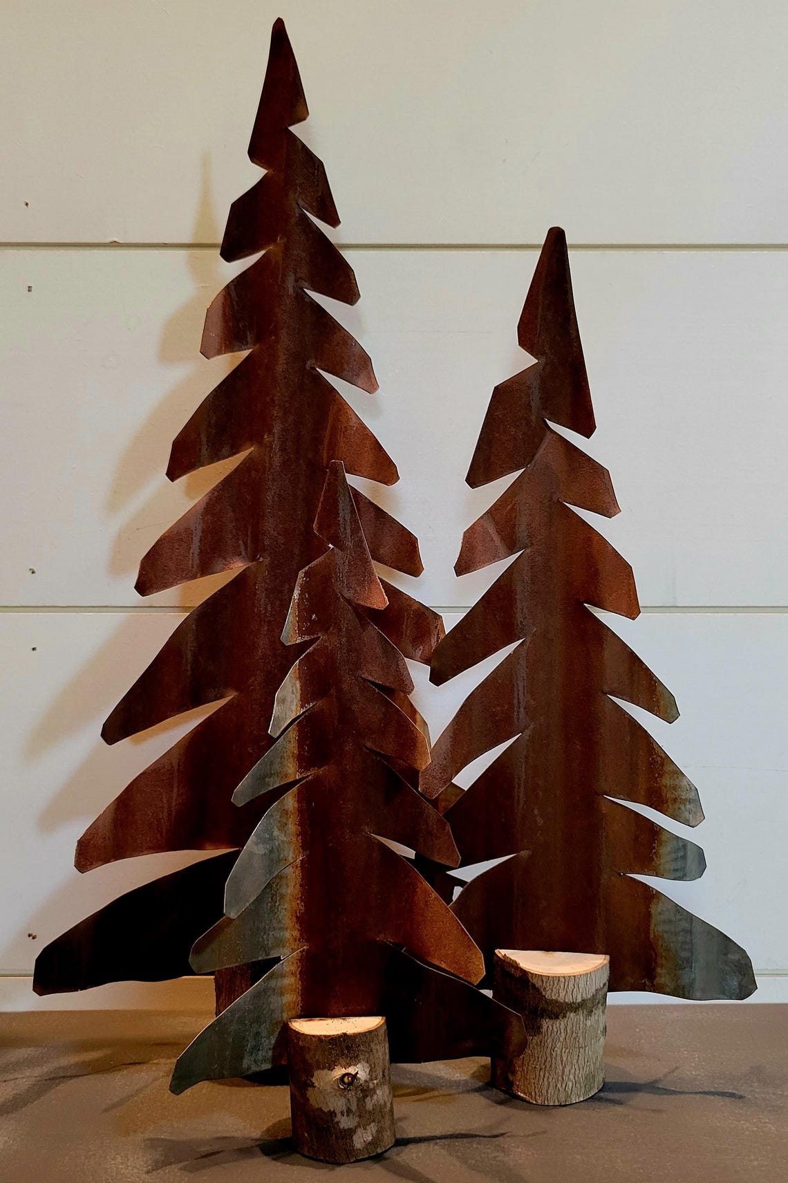 Corrugated Tin Christmas Trees Tin Pine Trees Cabin Lake Home Decor Set ...