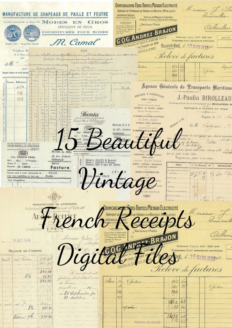 15 Digital Vintage French Receipts - Etsy
