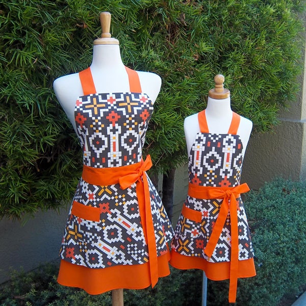 Mother Daughter Apron Set Handmade Retro Style Apron Orange - Etsy