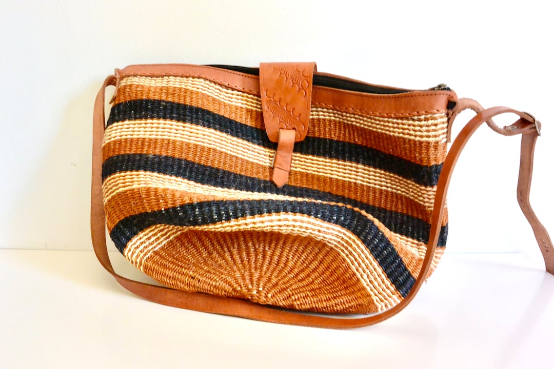 Sisal Shoulder Bag / Black, Cream, Brown Striped Purse / Farmers Market ...