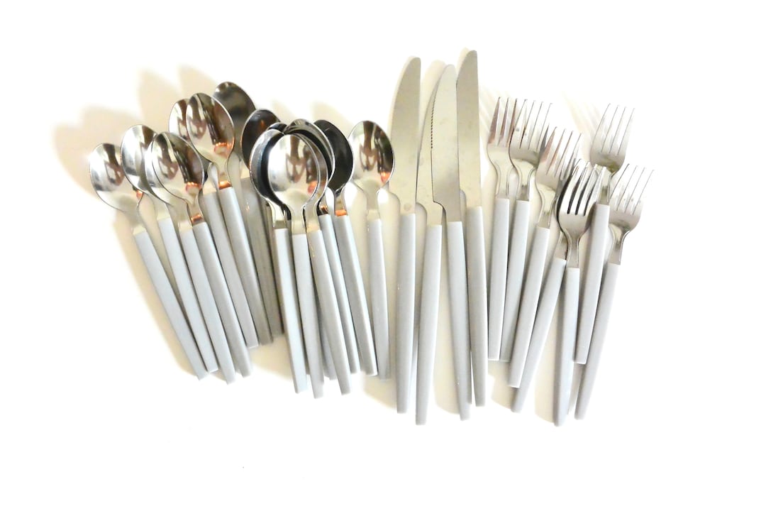Gray Plastic Handled Flatware Dining Set - Stainless Utensils / Serving ...
